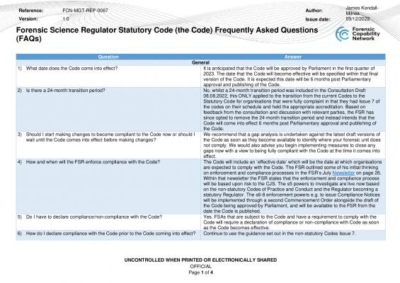 Forensic Science Regulator Statutory Code (the Code) Frequently Asked Questions (FAQs) | FCN